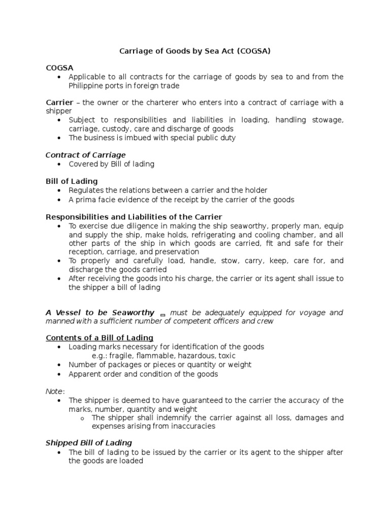 Carriage of Goods by Sea Act | PDF | Bill Of Lading | Cargo