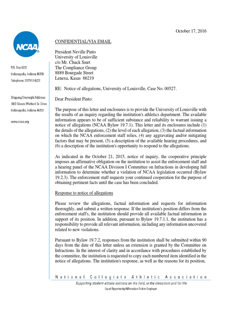 Final Notice of Allegations University of Louisville (Redacted) | PDF ...