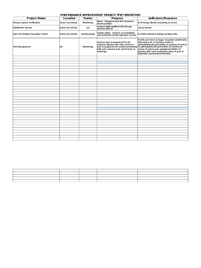 Performance Improvement Project (Pip) Inventory Project Name Location Status Purpose Indicators ...