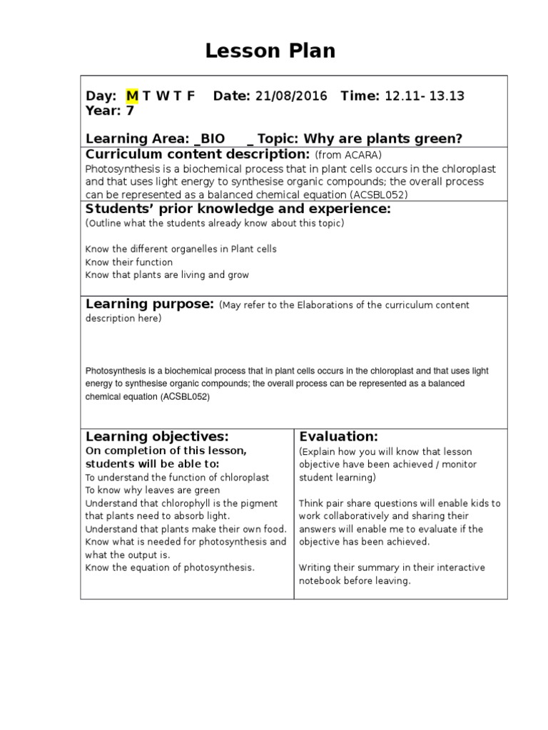Lesson Plan y 7 Photosynthesis | PDF | Photosynthesis | Chloroplast
