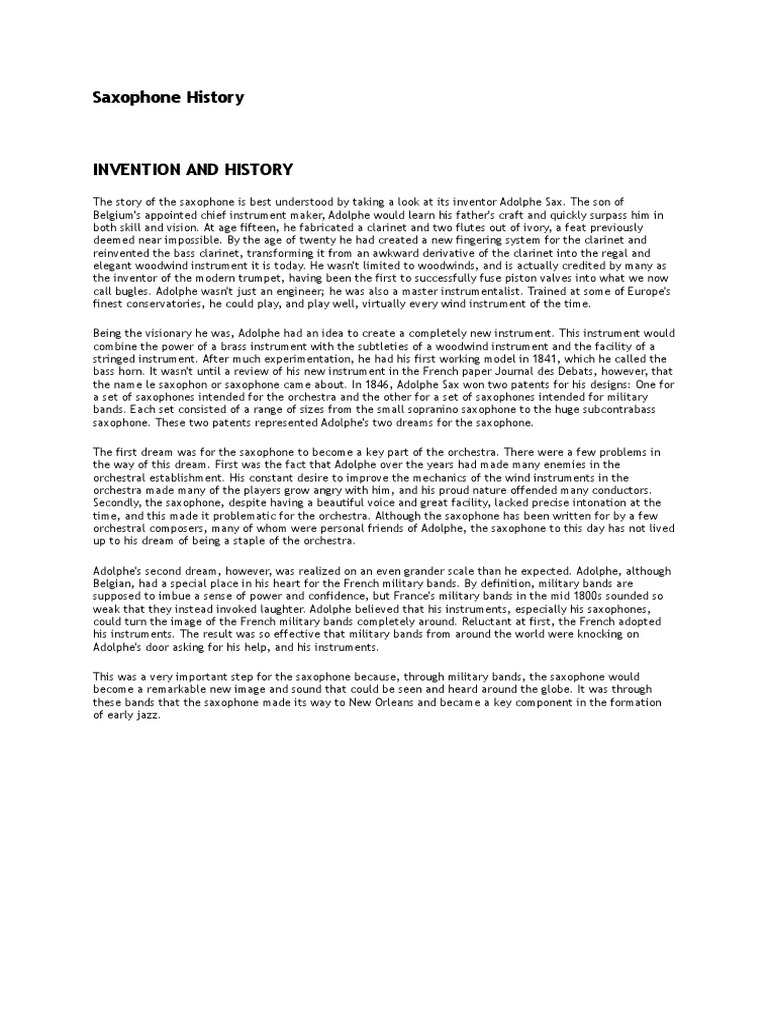 Saxophone History | PDF | Saxophone | Musical Instruments