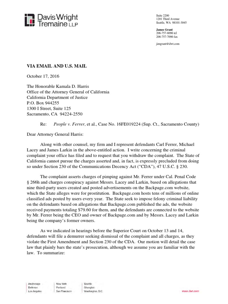 Letter To Attorney General Harris 10-17-16 | PDF | Backpage | Public Law