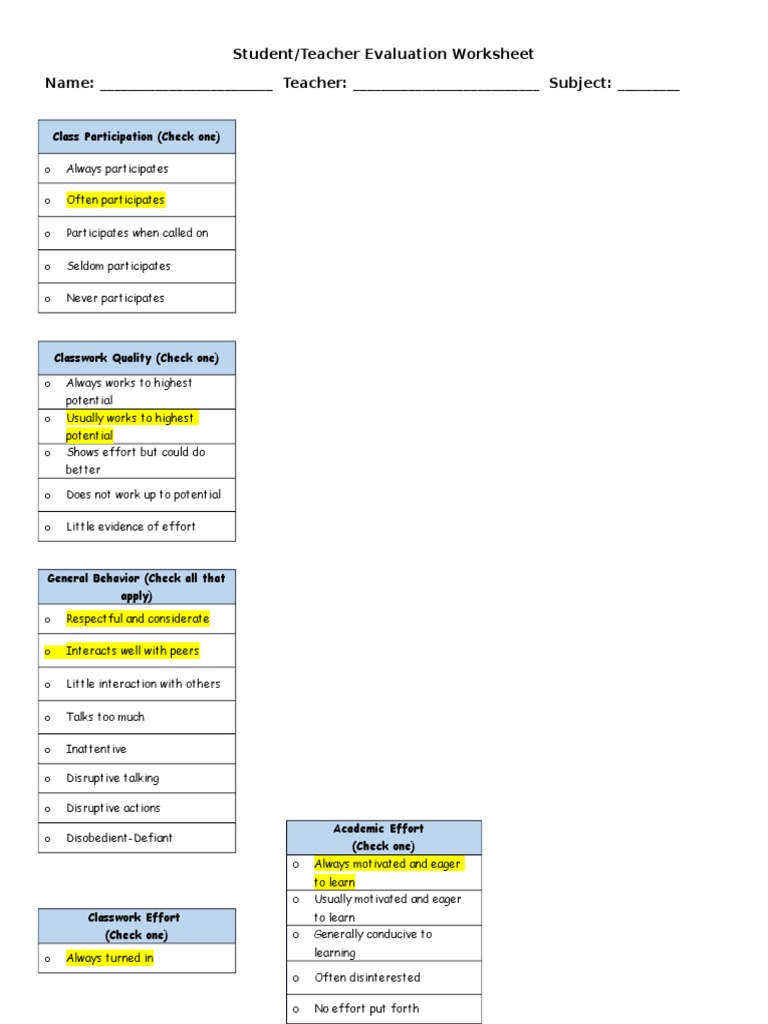 Student-Teacher Evaluation Form | PDF