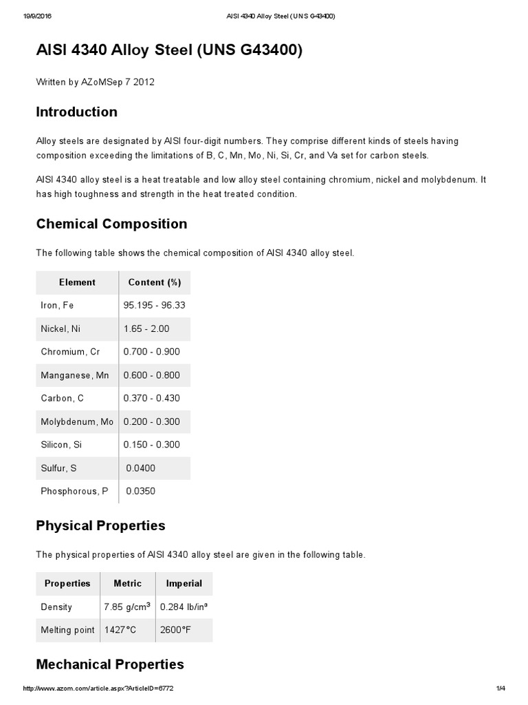 Aisi 4340 Alloy Steel (Uns g43400) | PDF | Heat Treating | Annealing ...