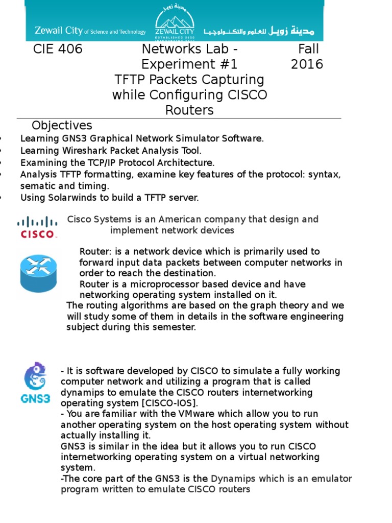 CIE 406 Networks Lab - Experiment #1 Fall 2016 TFTP Packets Capturing While Configuring CISCO ...