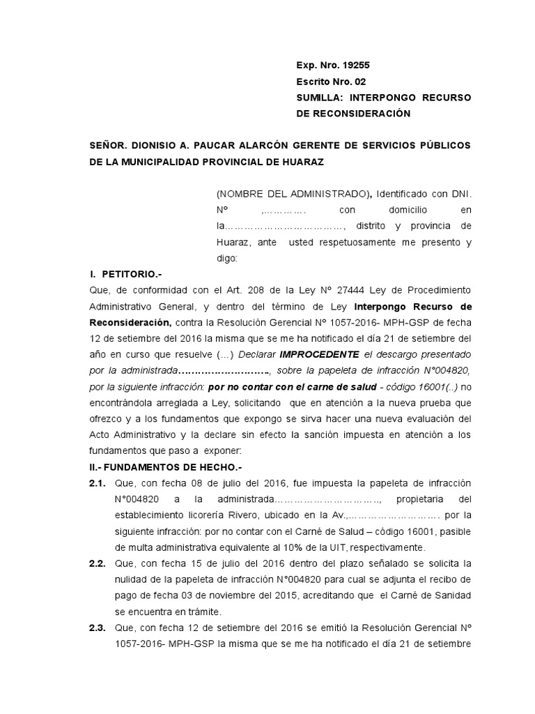 Modelo de Recurso de Reconsideración | PDF | Virtud | Instituciones sociales