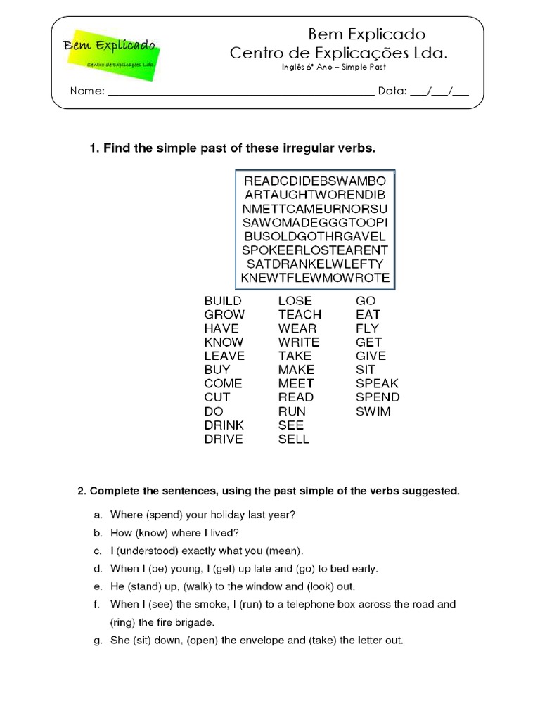 6 - Ficha de Trabalho - Past Simple - Irregular Verbs | PDF