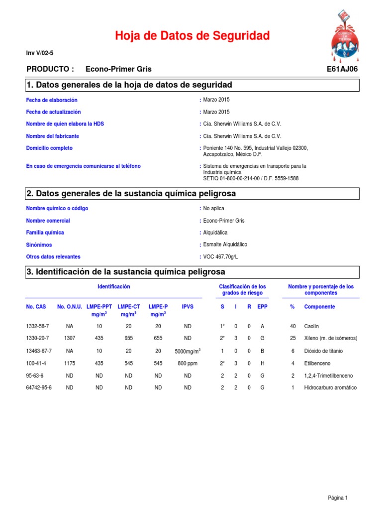 Hoja de Datos de Seguridad para Econo-Primer Gris | PDF | Residuos | Agua