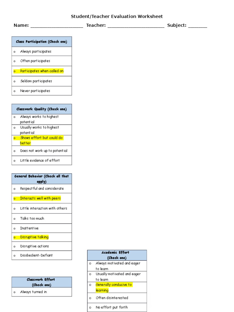 Student/Teacher Evaluation Worksheet Name: - Teacher: - Subject | PDF