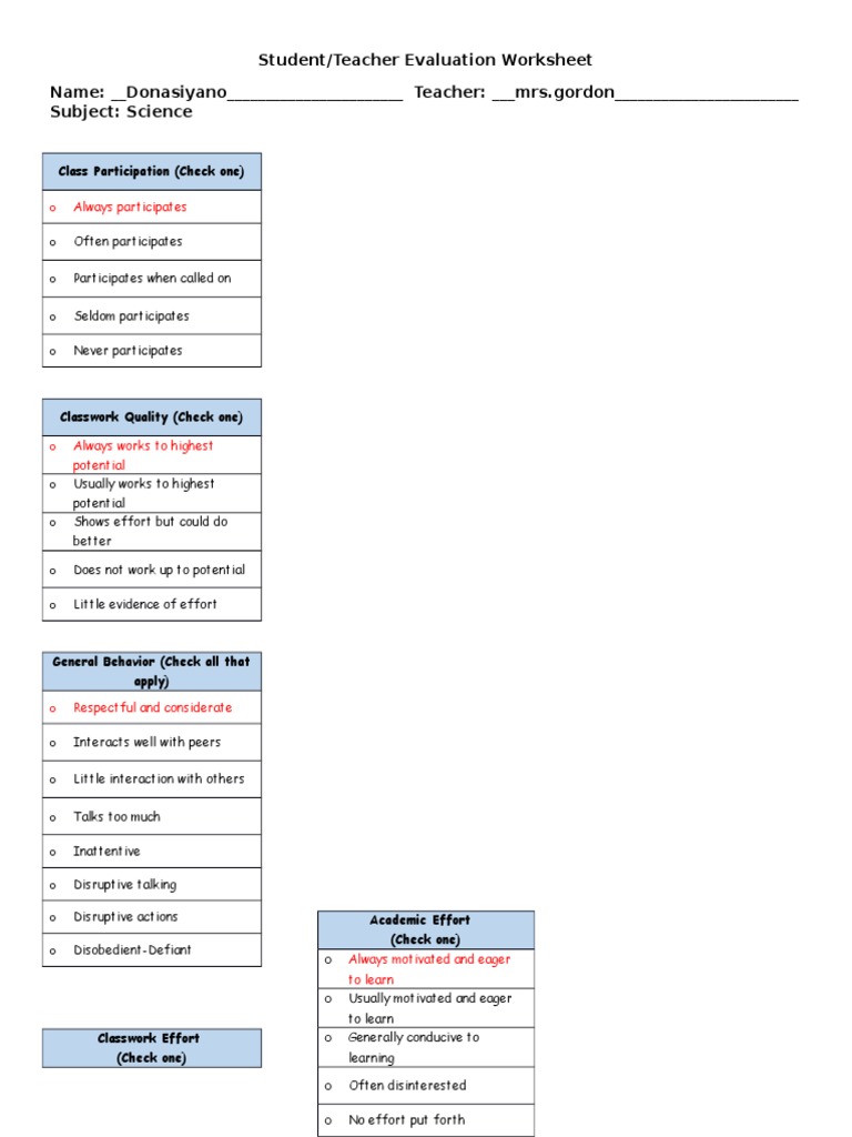 Student/Teacher Evaluation Worksheet Name: - Donasiyano - Teacher ...
