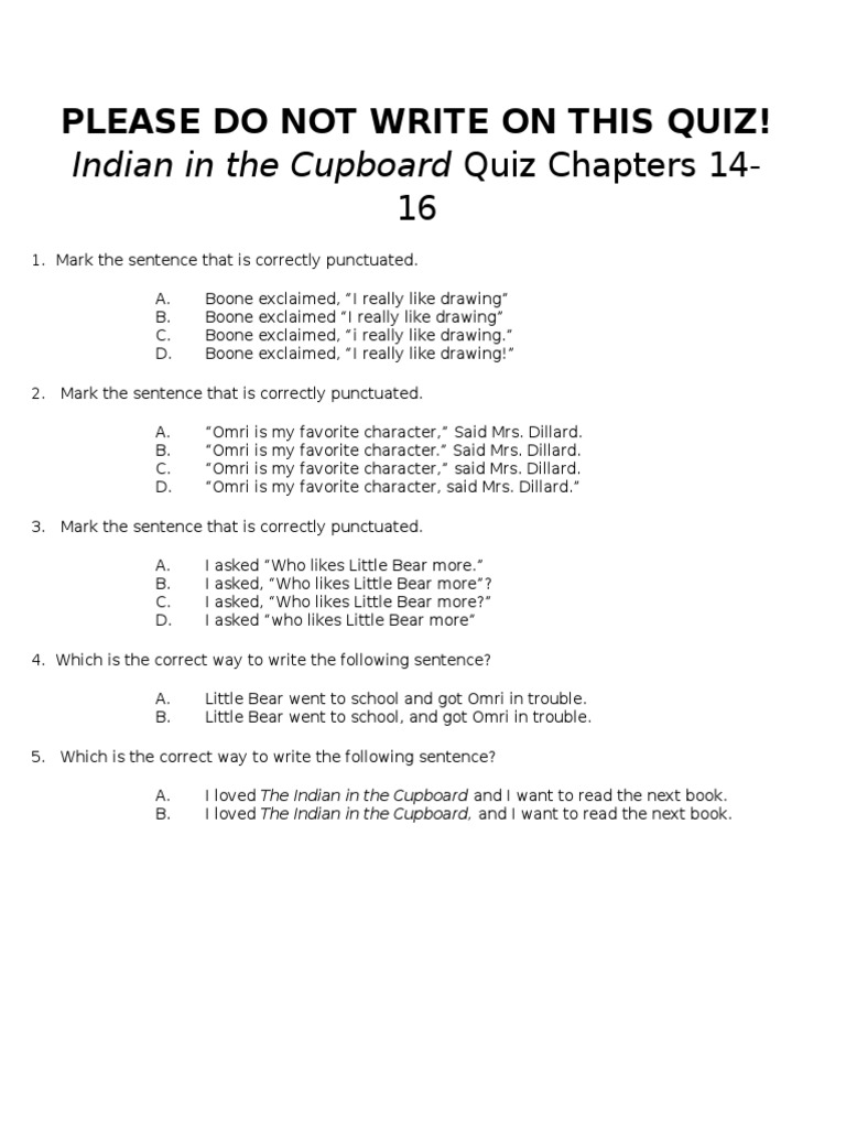 Indian in The Cupboard Quiz CH 14-16 | PDF