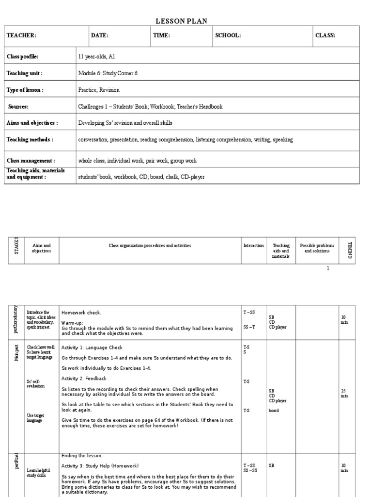 Lesson Plan: Teacher: Date: Time: School: Class | PDF