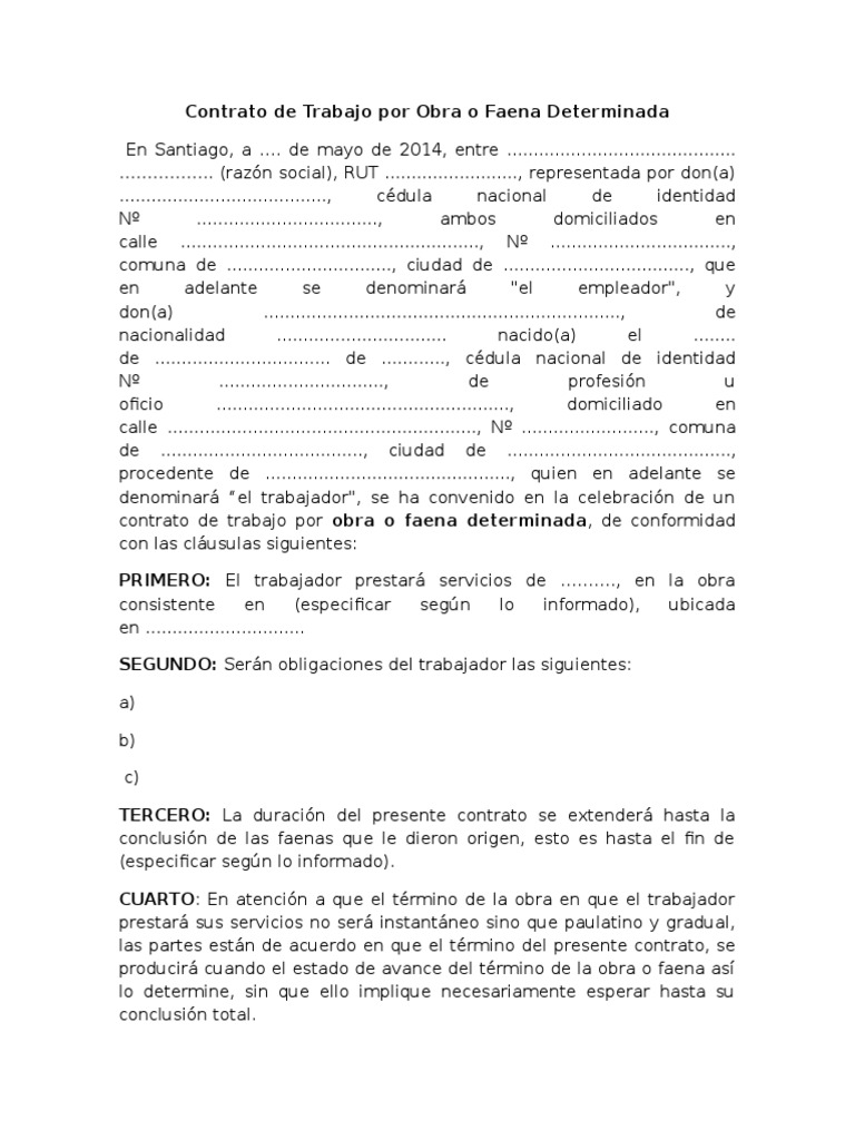 Contrato de Trabajo Por Obra o Faena Determinada | Derecho laboral | Salario | Prueba gratuita ...