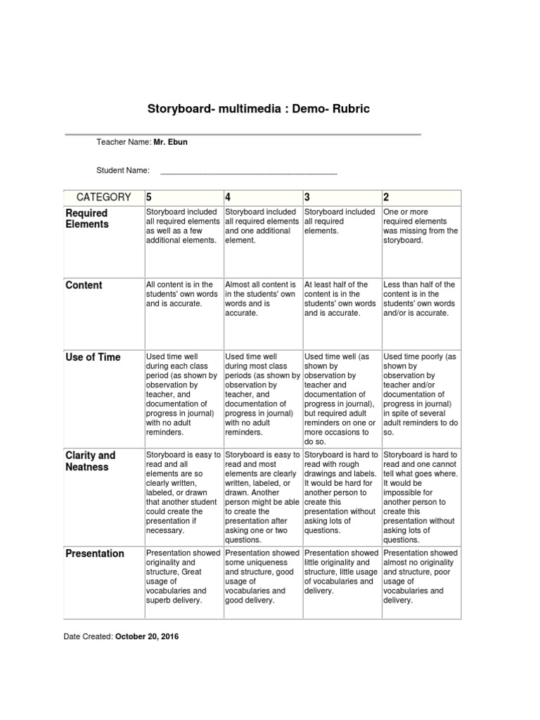 Storyboard Rubric for Multimedia Projects | PDF