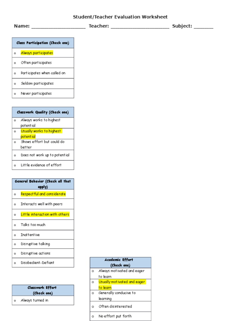 Student/Teacher Evaluation Worksheet Name: - Teacher: - Subject | PDF ...