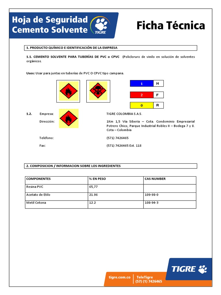 Hoja Seguridad Cemento Solvente TIGRE (PVC-CPVC) | Solubilidad | Solvente