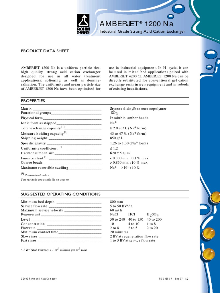 Amberjet 1200 Na: Industrial Grade Strong Acid Cation Exchanger | PDF