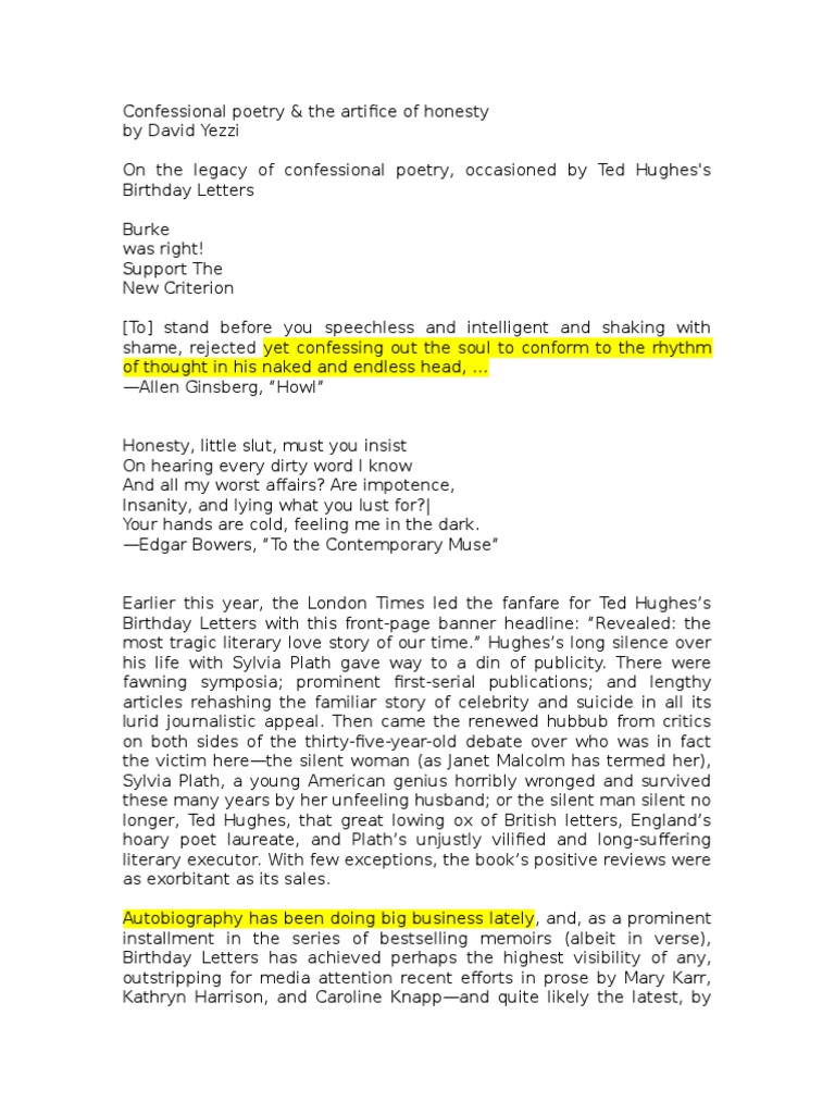 Confessional Poetry Yezzi | PDF | Poetry