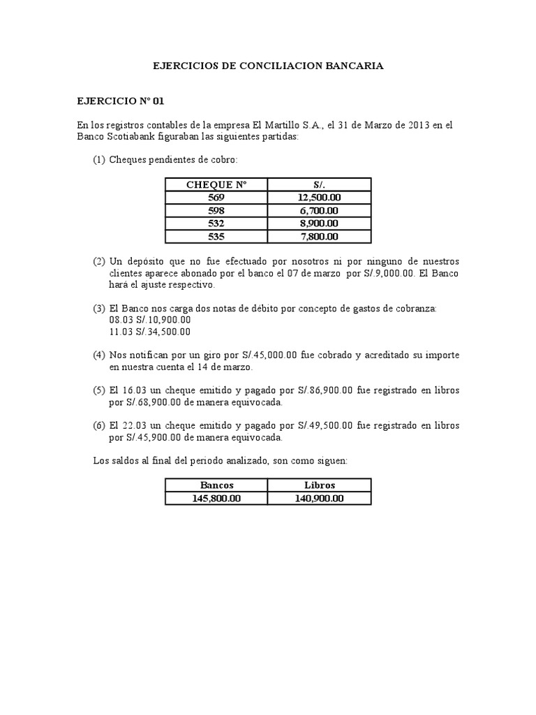 Ejercicios Propuestos de Conciliación Bancaria | PDF | Cheque | Bancos