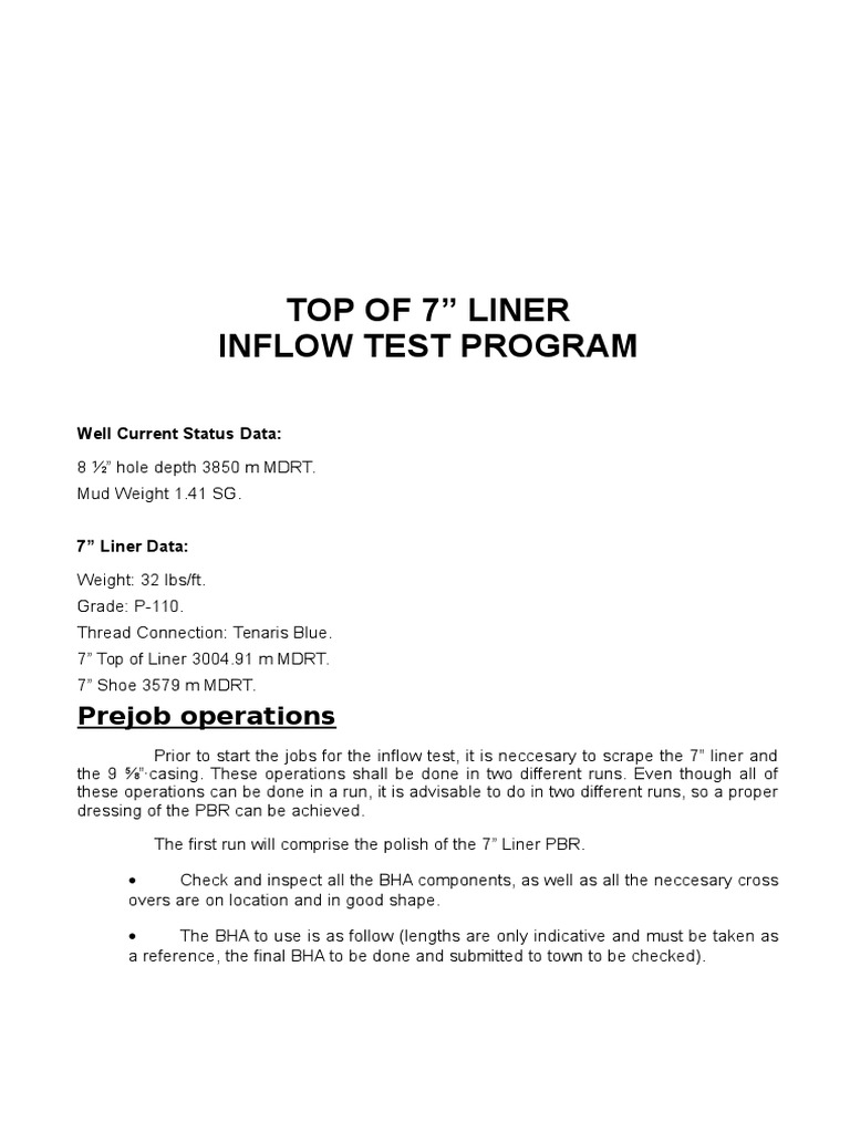 477 - 7in TOL Inflow Test Program | PDF | Casing (Borehole) | Pressure