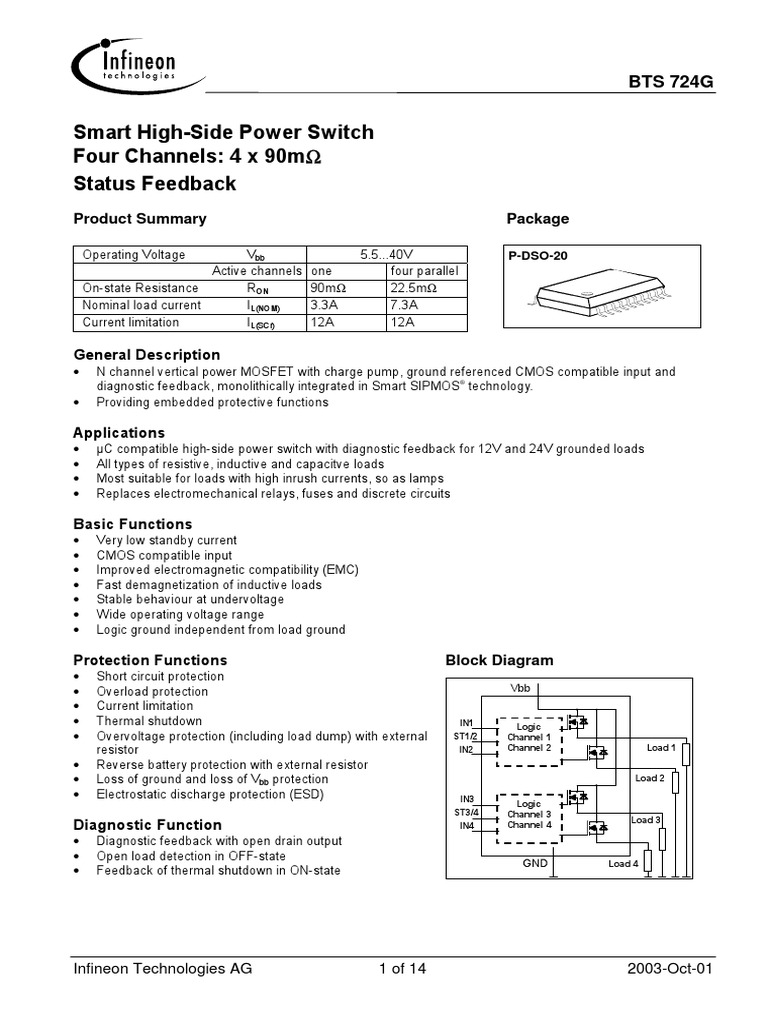 Smart High-Side Power Switch Four Channels: 4 X 90m Status Feedback ...