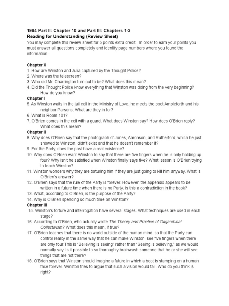 Reading For Understanding (Review Sheet) : 1984 Part II: Chapter 10 and ...