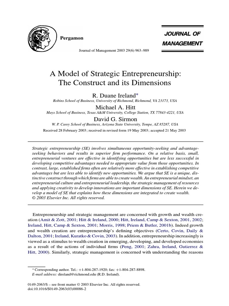 A Model of Strategic Entrepreneurship The Construct and Its Dimensions ...