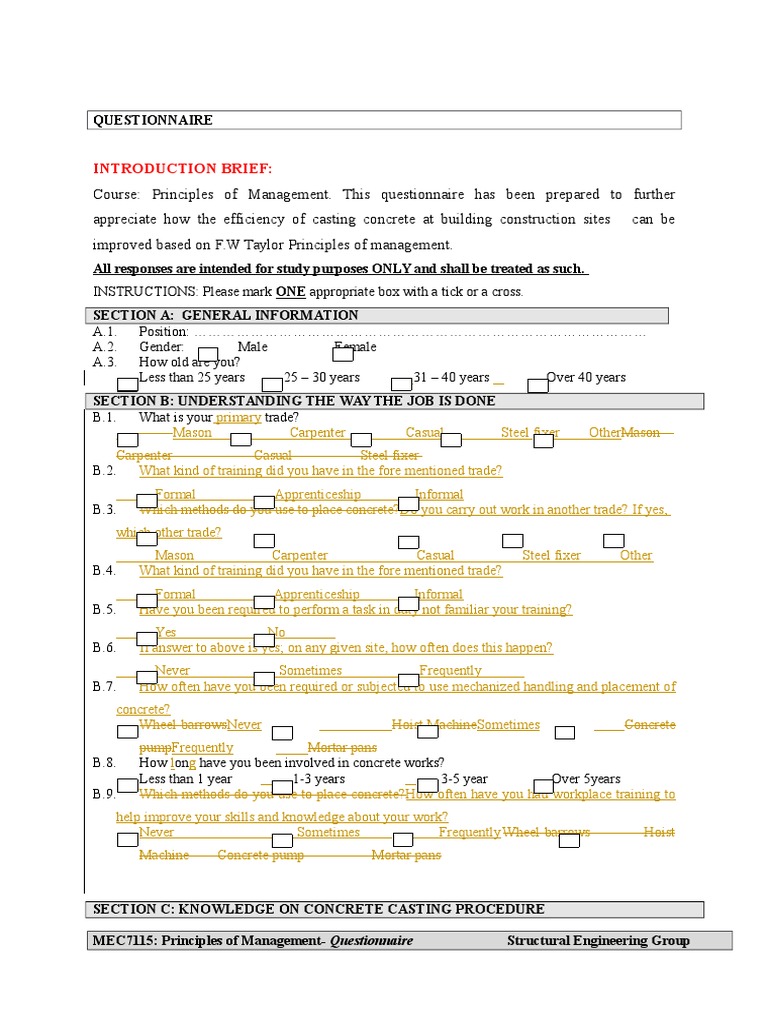 Questionnaire Sample | PDF | Carpentry | Concrete