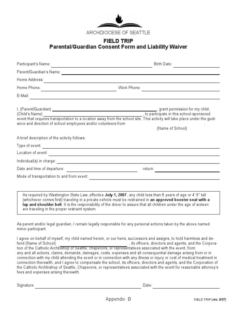 Parental Consent Form and Liability Waiver for School Field Trip to ...