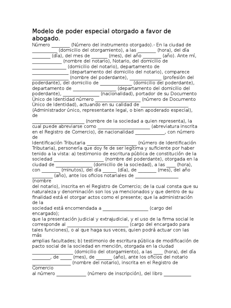 modelo de poder especial otorgado a favor de abogado.doc | Gobierno ...