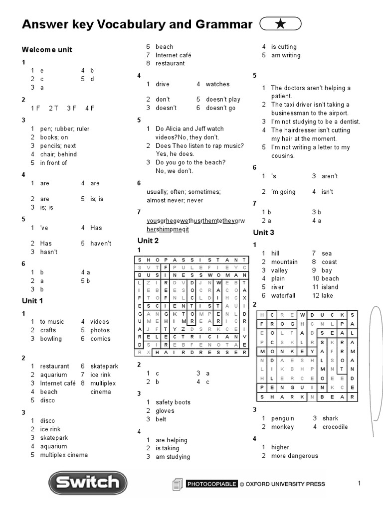 Answer Key Vocabulary and Grammar: Welcome Unit | PDF