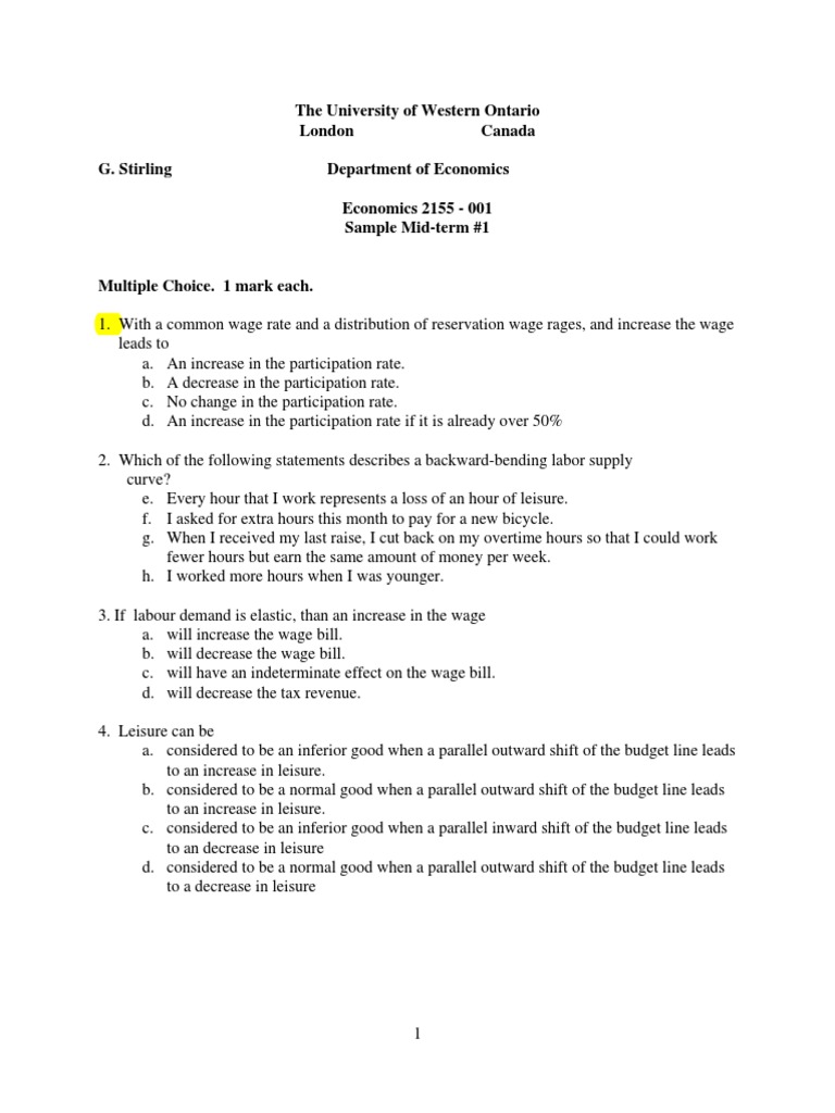 UWO Economics 2155 Sample Mid-term #1 Multiple Choice (30 questions ...