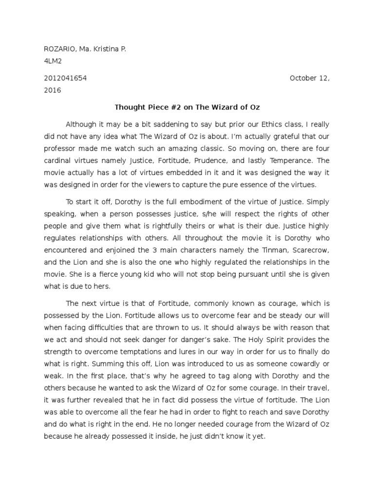 Thought Piece #2 On The Wizard of Oz | PDF | Courage | Dorothy Gale