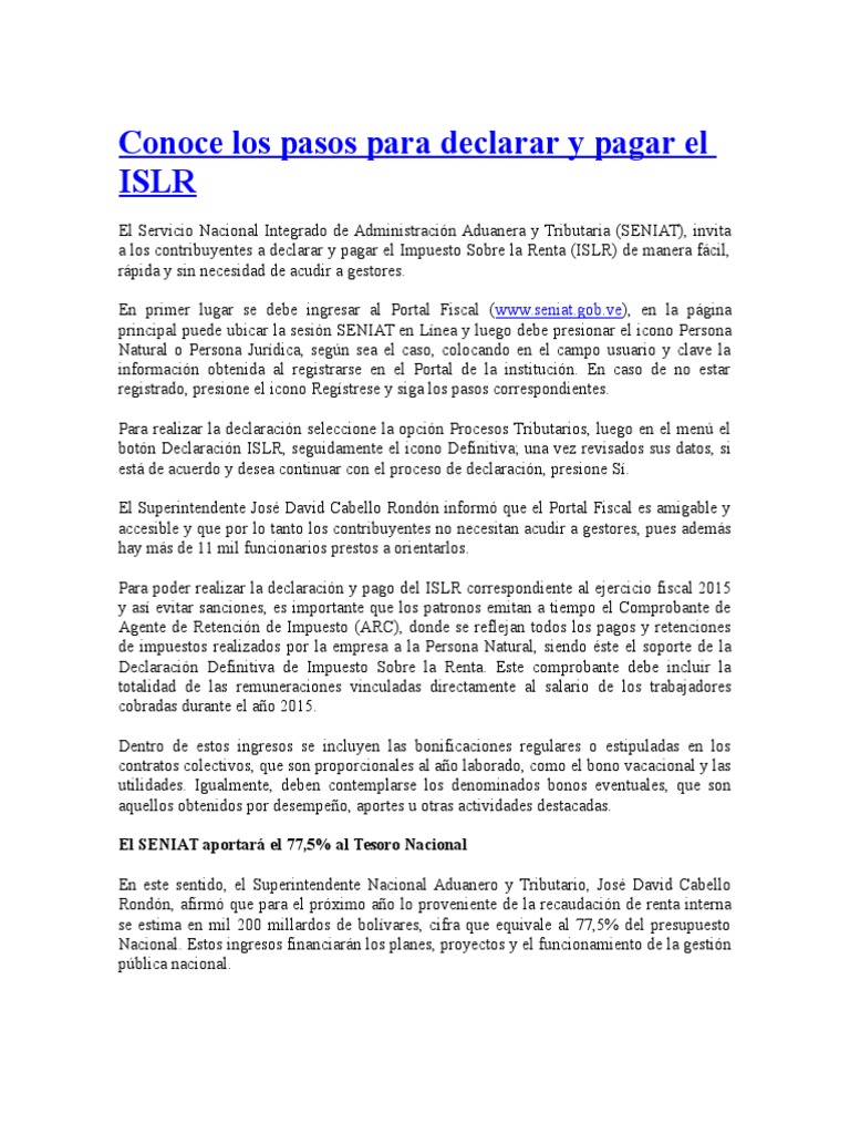 Conoce Los Pasos para Declarar y Pagar El ISLR | PDF | Impuestos | Gobierno