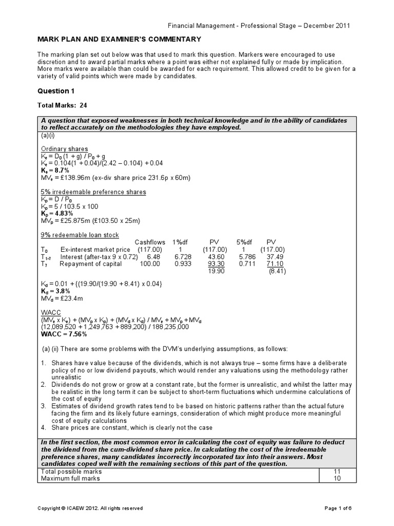 Financial Management December 2011 Marks Plan | PDF | Cost Of Capital ...