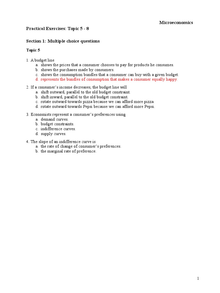 Microeconomics Practical Exercises: Topic 5 - 8 Section 1: Multiple ...