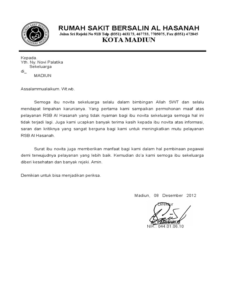 Surat Jawaban Komplain Ny. Novi Palatika | PDF