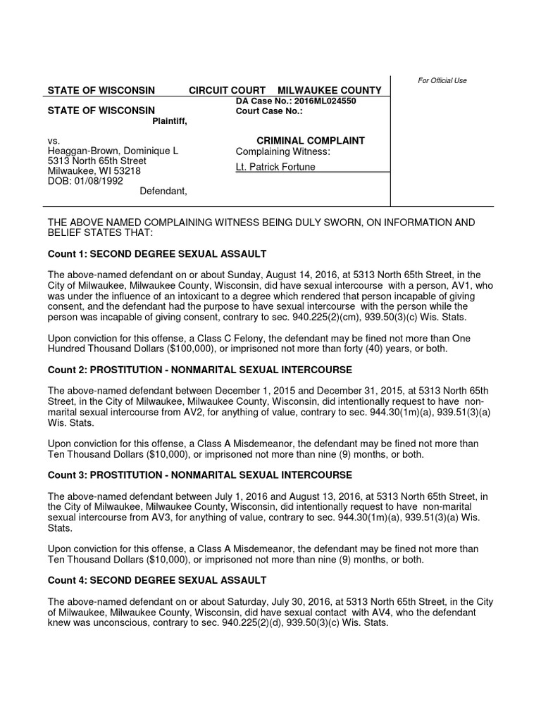 DA Case No.: 2016ML024550 Court Case No.:: For Official Use | PDF | Wisconsin Circuit Courts ...