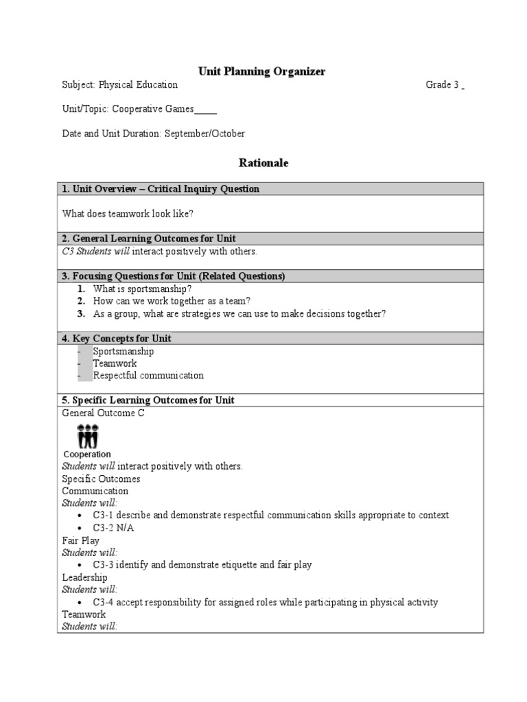 Unit Planning Organizer - Cooperative Games | PDF | Classroom ...