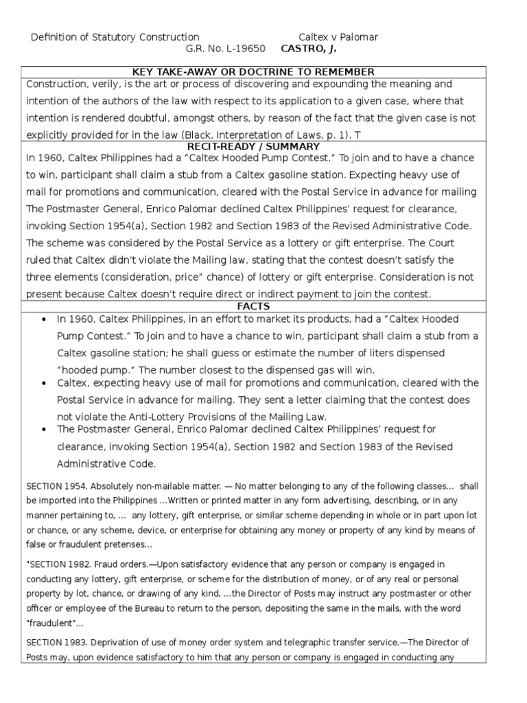 Caltex V Palomar Digest | PDF | Lottery | Mail
