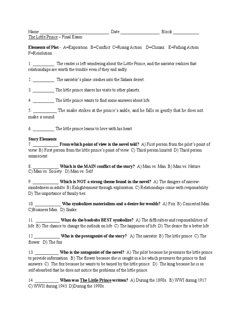 The Little Prince Test Multiple Choicewith Answer Key Common Core ...