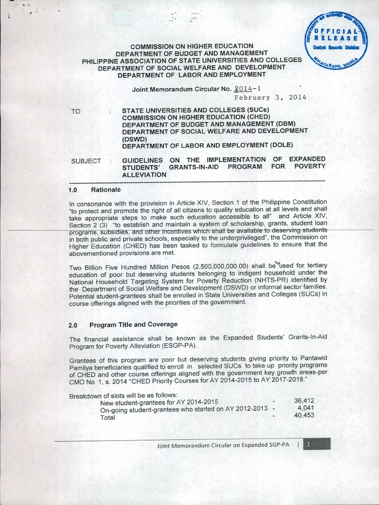 February 3, 2014: Joint Memorandum Circular On Expanded SGP-PA | PDF ...