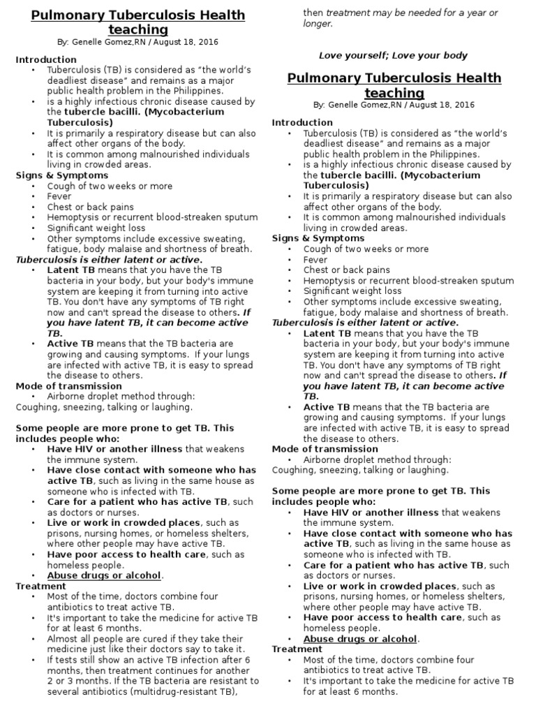 Pulmonary Tuberculosis Health Teaching | PDF | Tuberculosis | Birth Control