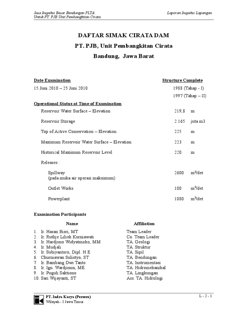 Daftar Simak Inspeksi Bendungan | PDF