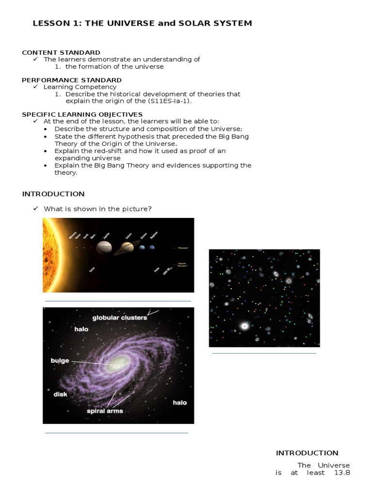 Lesson 1: The Universe and Solar System: Content Standard | PDF | Big ...