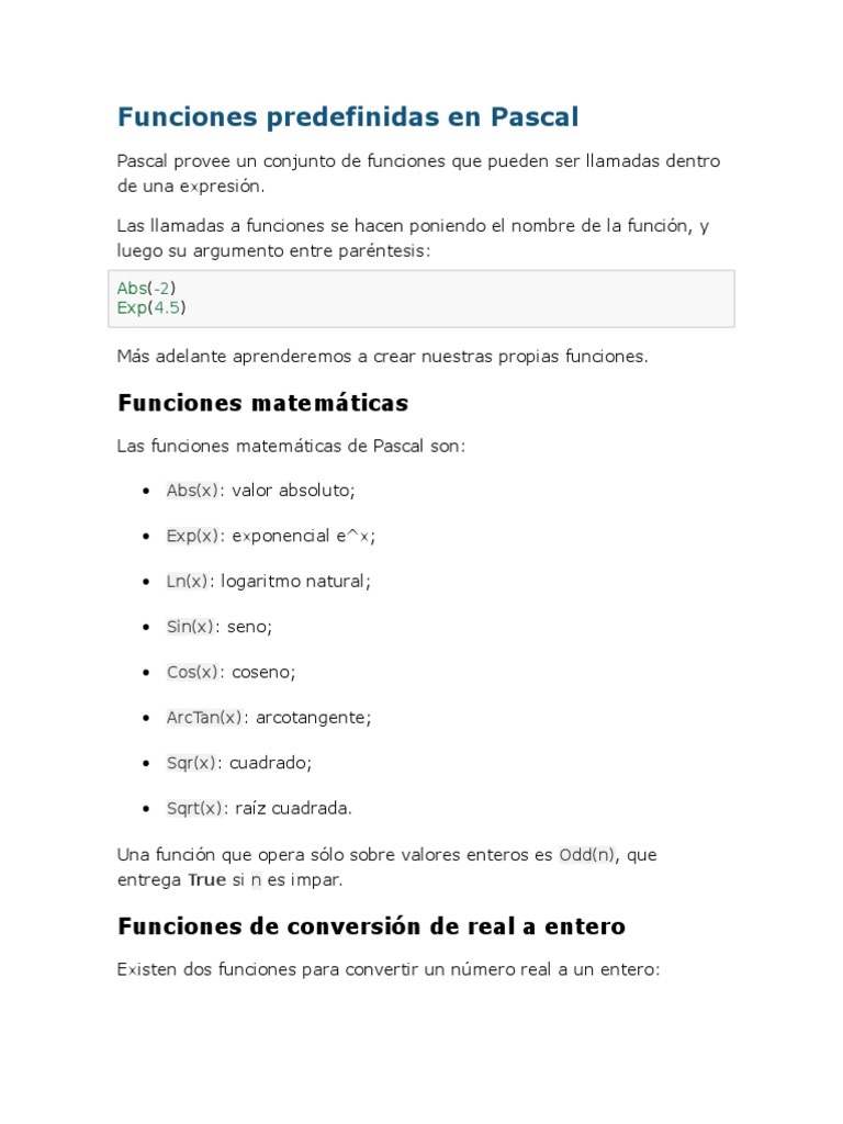 Funciones Predefinidas en Pascal | PDF | Métodos y materiales de enseñanza