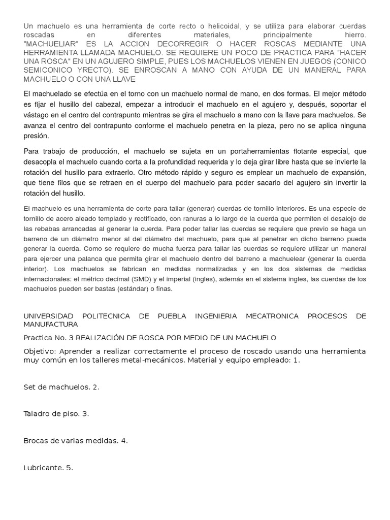 El Machuelado | PDF | Tornillo | Herramientas