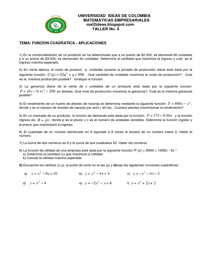 Taller 5 Funcion Cuadratica | PDF