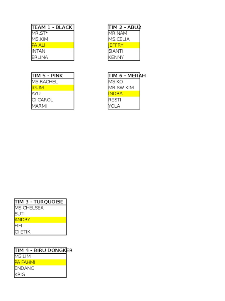 Team Member List by Color Code | PDF