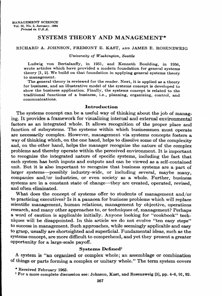 Systems Theory and Management : University of Washington, Seattle | PDF | System | Systems Theory